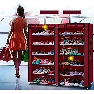 Vasitelan Shoe Rack Storage Organizer,Portable Double Row with Nonwoven Fabric Cover Shoe Rack Cabinet for Closet (Wine Red)