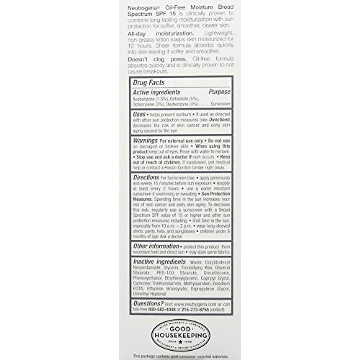 Neutrogena Oil Free Daily Long Lasting Facial Moisturizer & Neck Cream - Non Greasy, Oil Free Moisturizer Won't Clog Pores - SPF 15 Sunscreen & Glycerin, 4 fl. oz (Pack of 3)