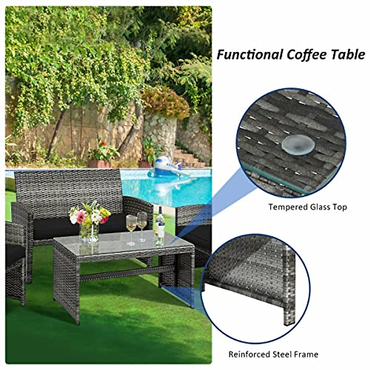 WYKDD 4PCS Patio Rattan Furniture Set Conversation Glass Table Top Sofa Cushioned Loveseat Single Chairs