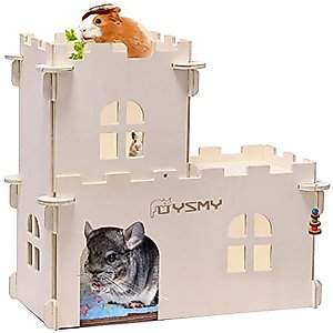 OYSMY 2-Storey Castle Chinchilla Hideout, Wooden Chinchilla House with Windows Doors, Guinea Pig Hide, Hamster Hut, Small Animal Habitat for Guinea Pig, Hamster, Chinchilla, Squirrel, Gerbil