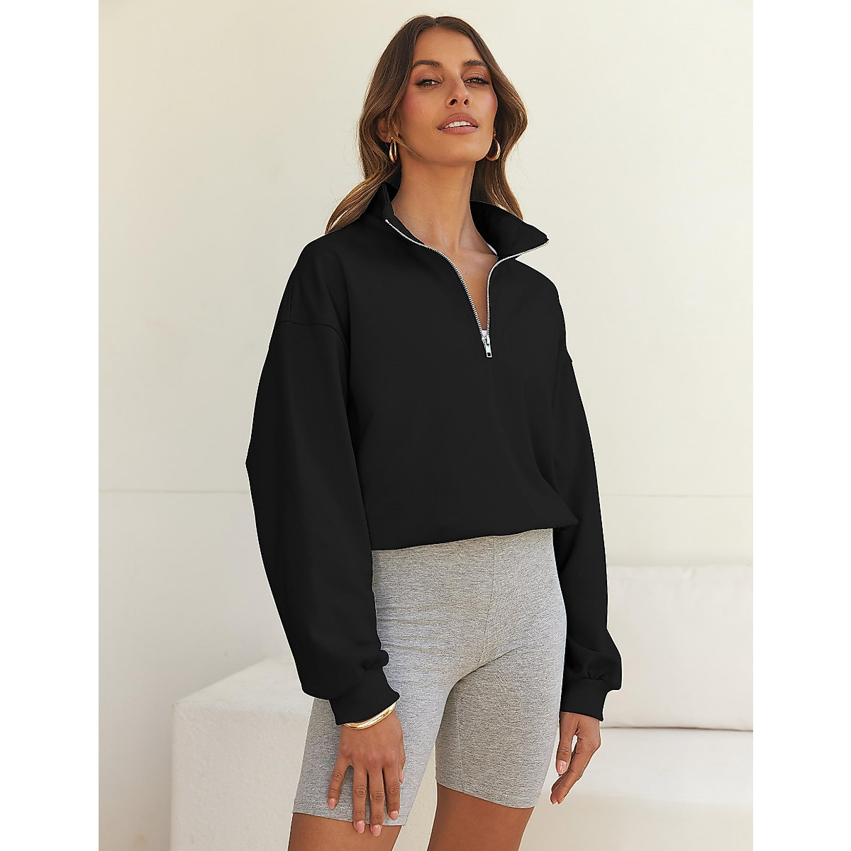 MEROKEETY Women's Quarter Zip Crop Sweatshirt Long Sleeve Stand Collar Drawstring Casual Pullover Top,Black,M