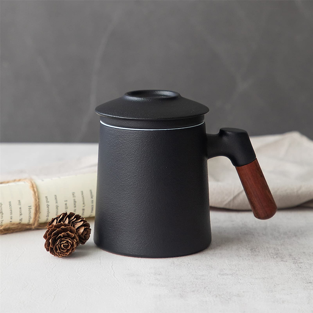 HEER Ceramic Tea Mug with Infuser and Lid, Black Wooden Handle Tea Cup with Filter for Steeping Loose Leaf, 13.5oz/400ml.