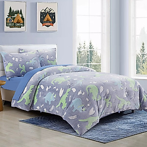 HOMBYS Glow in The Dark Comforter Set 7 Piece Full with Sheets, Blue Dinosaur Velvet Bedding Comforter Sets for Twin Bed, Ultra Soft Down Alternative Comforter for Boys Kids, Bed in a Bag