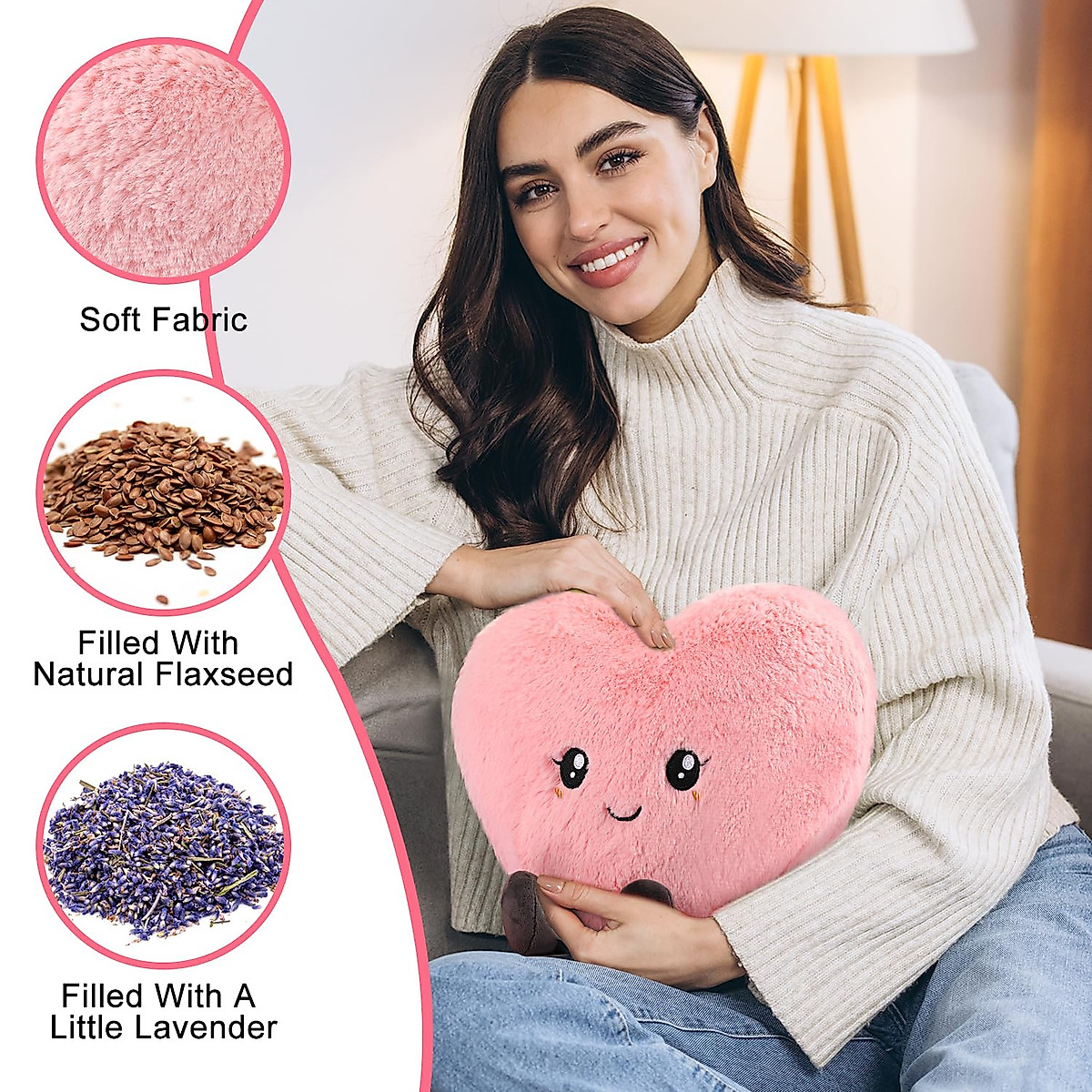 Cute Plush Pink Heart Pillow Love Pillow Cushion Toy Throw Pillows Living Heart Throw Decor Pillow Microwavable Heating Pad for Women Girl Friends Valentine's Day Kids Birthday Christmas Mother's Day