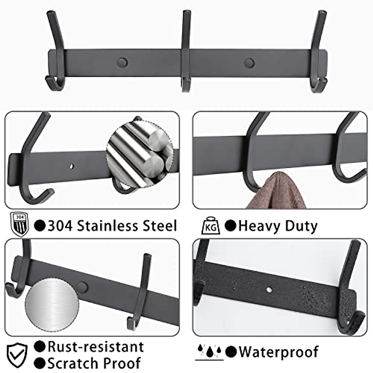 SCUNDA Stainless Steel Coat Rack Wall Mount with 3 Hooks, Metal Wall Hook for Hanging Entryway, Bathroom, Mudroom, Kitchen (Matte Black, 11 inch,1 Pack)