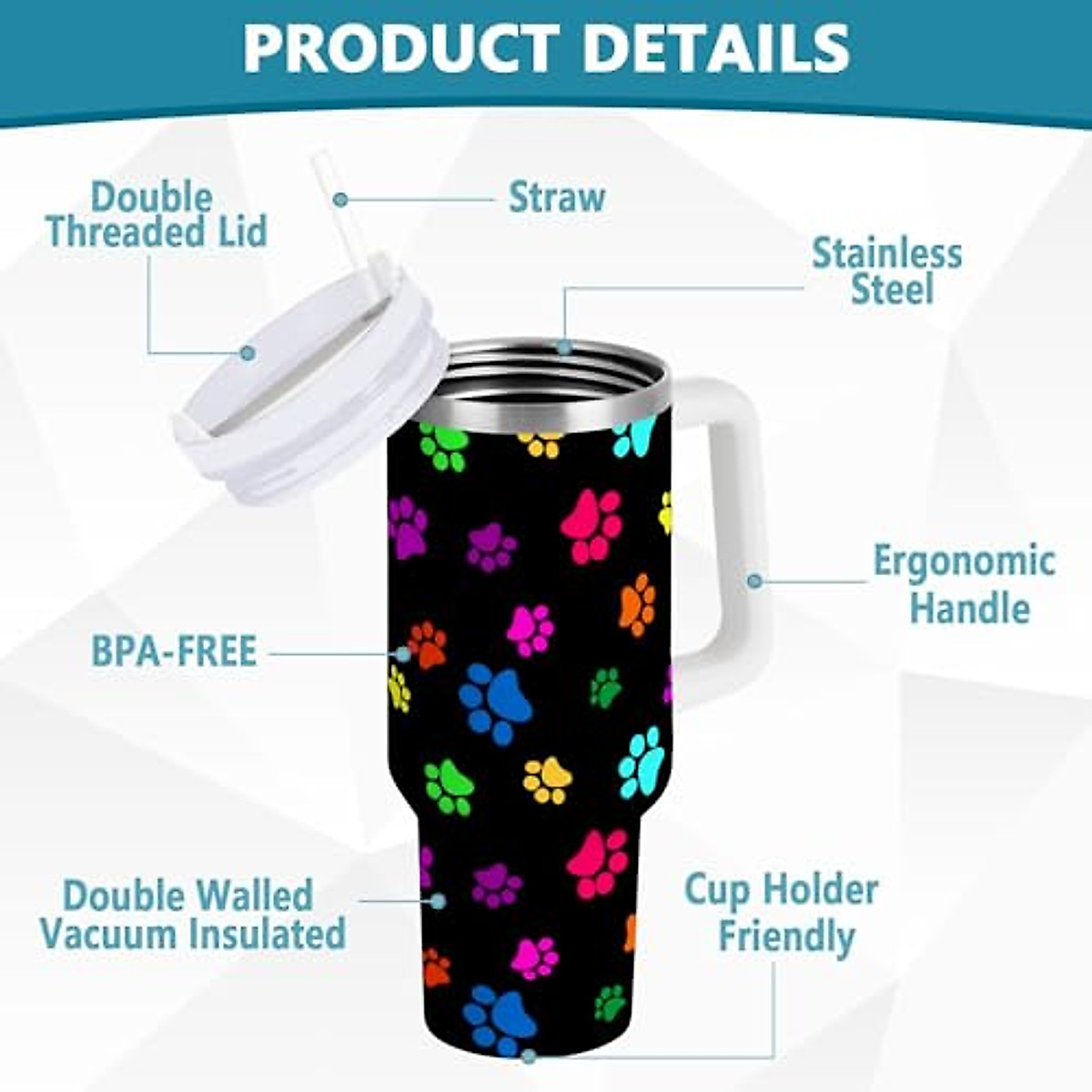 MCHIVER Color Paw Prints 40 oz Tumbler with Handle and Straw Stainless Steel Vacuum Water Bottle Leak-proof Travel Coffee Mug Insulated Tumbler for Office Car Home