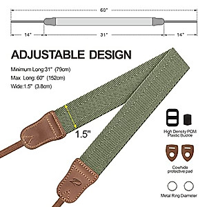 Light Green Camera Strap - Double Layer top-grain Cowhide Ends,1.5"Wide Pure Cotton Woven Camera Strap,Adjustable Universal Neck & Shoulder Strap for All DSLR Cameras,Great Gift for Photographers