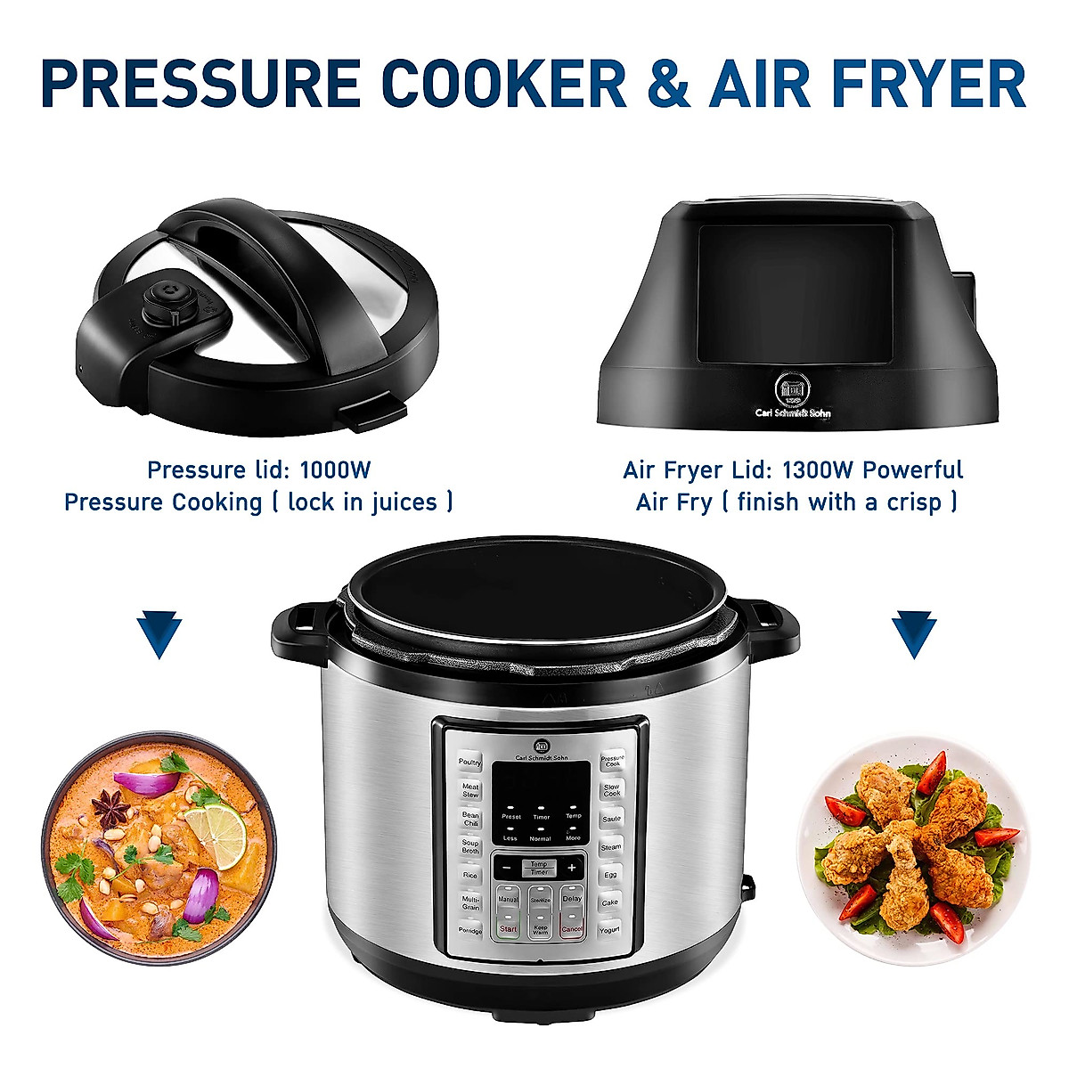 6.5Qt Pressure Cooker and Air Fryer Combos, 21-in-1 Programmable Pressure Pot with Detachable Pressure & Crisp Lid, LED Digital Touchscreen, 3Qt Air Fry Basket,Free Recipe Book, 1500W
