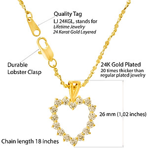 LIFETIME JEWELRY Cubic Zirconia Open Heart Pendant Necklace 24k Real Gold Plated