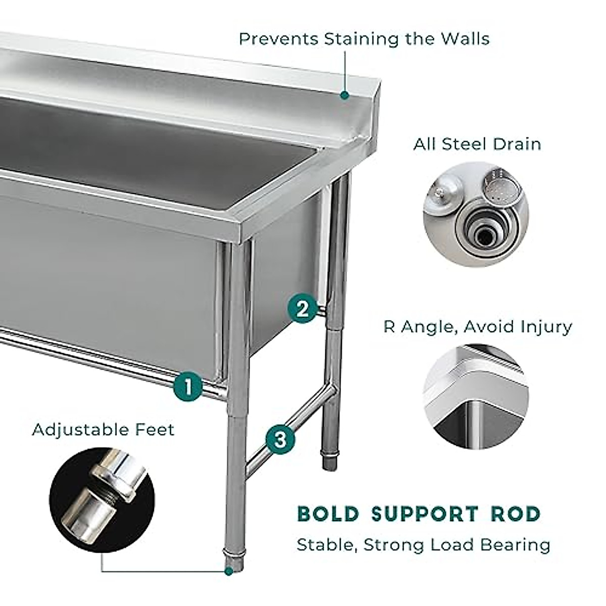 Utility Sink Outdoor Sink, Freestanding Stainless Steel Sink, Large Single Bowl Sink, Commercial Restaurant Kitchen Sink w/Faucet, Easy to Assemble, for Laundry, Garden, Garage ( Size : 60x60x80cm )