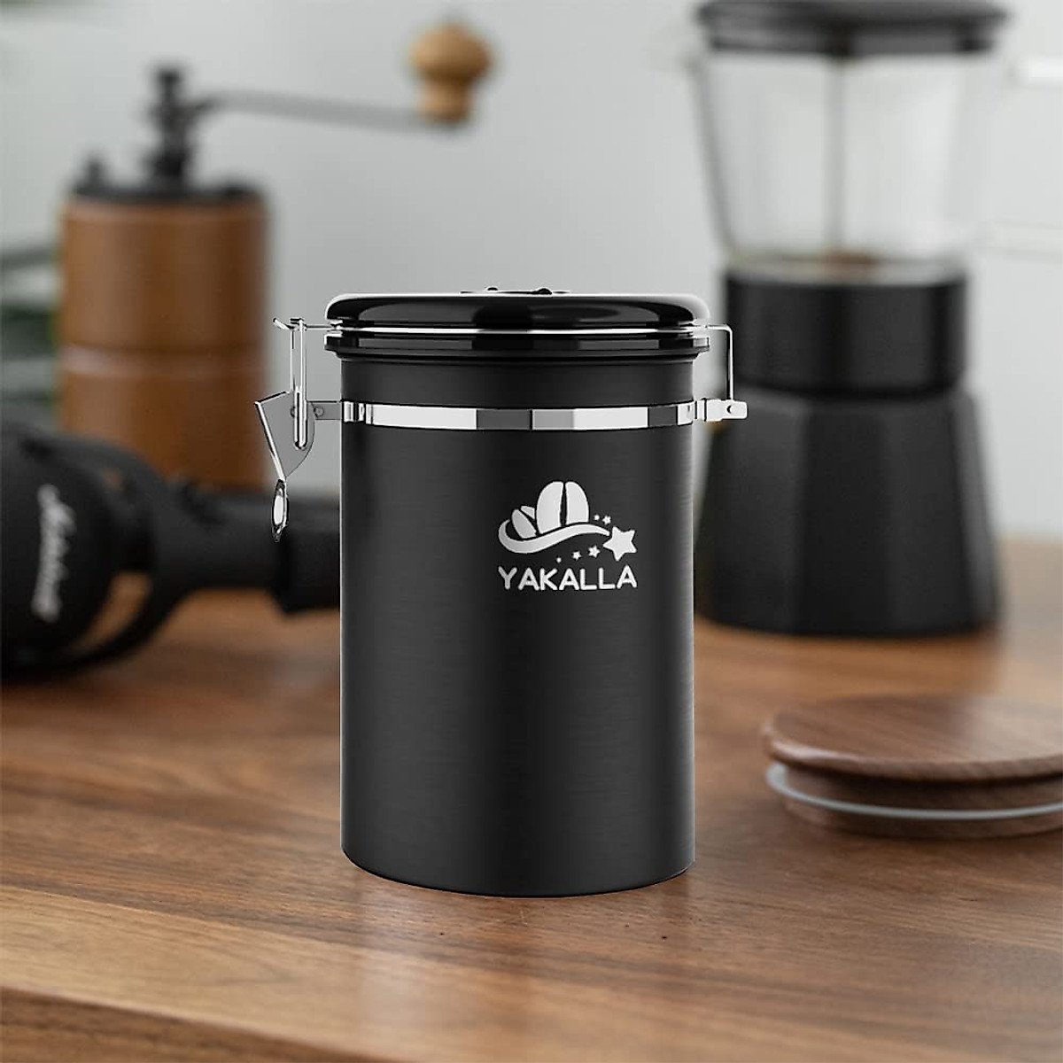 Airtight Coffee Canister, Large Stainless Steel Coffee Bean Storage Container for Kitchen with Date Tracker, Measuring Scoop, One Way Co2 Valve (Extra 6pcs) for Beans, Grounds Tea, Sugar (16OZ, Black)