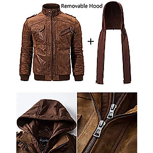FLAVOR Men Brown Leather Motorcycle Jacket with Removable Hood (Large (US standard), Brown)