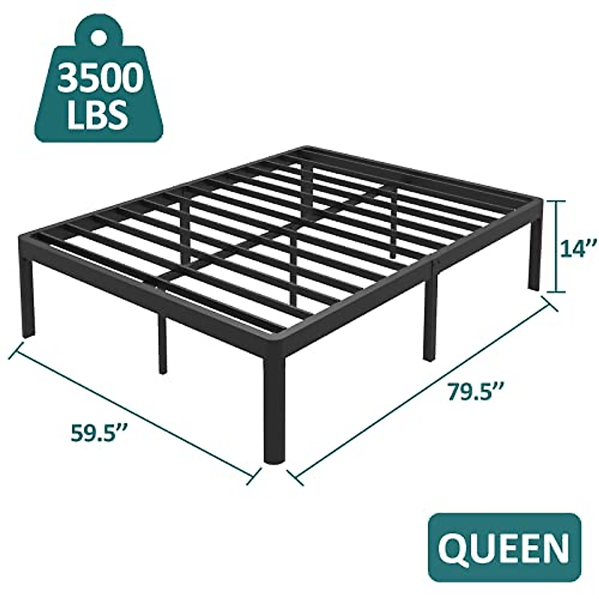 FUIOBYVV Queen Bed Frame with Round Corner Edge Legs, 14 Inch High 3500 lbs Heavy Duty Metal Platform Bed Frame Queen Size, No Box Spring Needed/Non-Slip/Steel Slat Support/Noise Free