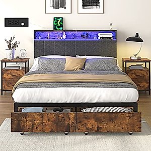 Meitewei Queen Bed Frame with Hidden Storage Headboard and 2 Drawers, LED Smart Bed Frame with Charging Station, Metal Platform Bed Frame Queen Size, No Box Spring Needed, Noise Free, Black