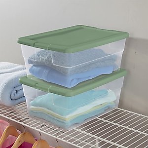 Sterilite Stackable 16 Quart Clear Home Storage Box with Handles and Purple Lid for Efficient, Space Saving Household Storage and Organization, 2 Pack