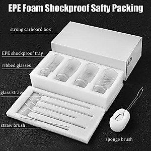 ALINK Ribbed Glassware Drinking Glasses with Straws Set of 4, Vintage Fluted Glassware Iced Coffee Cups, Origami Style Ridged Glass Tumbler for Coocktail, Whiskey, Beer, Water- 2 Cleaning Brush