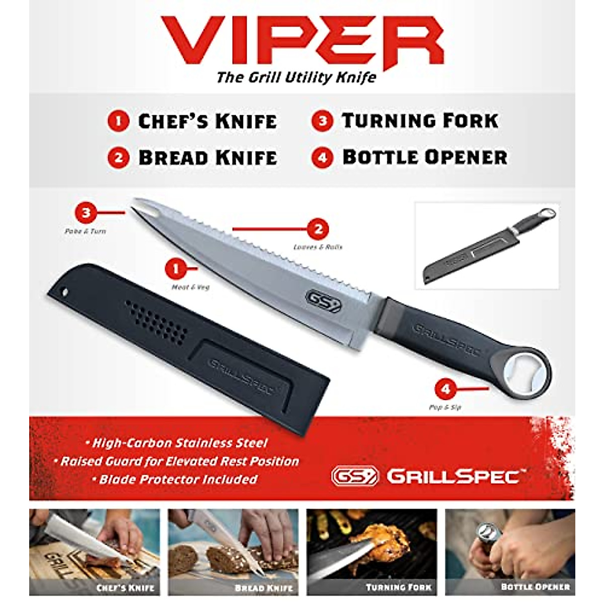 VIPER Grill Utility Knife - 8 inch High Carbon Stainless Steel Chef Knife Bread Knife Meat Turner Bottle Opener with Sheath Grilling Gifts for Dad Men