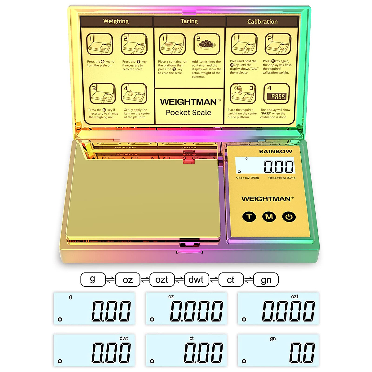 WEIGHTMAN Shiny Digital Gram Scale 200g x 0.01, Chrome Rainbow Mini Scale for Food Ounces and Grams, Iridescent Plating Pocket Scale, Small Jewelry Scale, Travel Scale, Backlit LCD, 6 Units