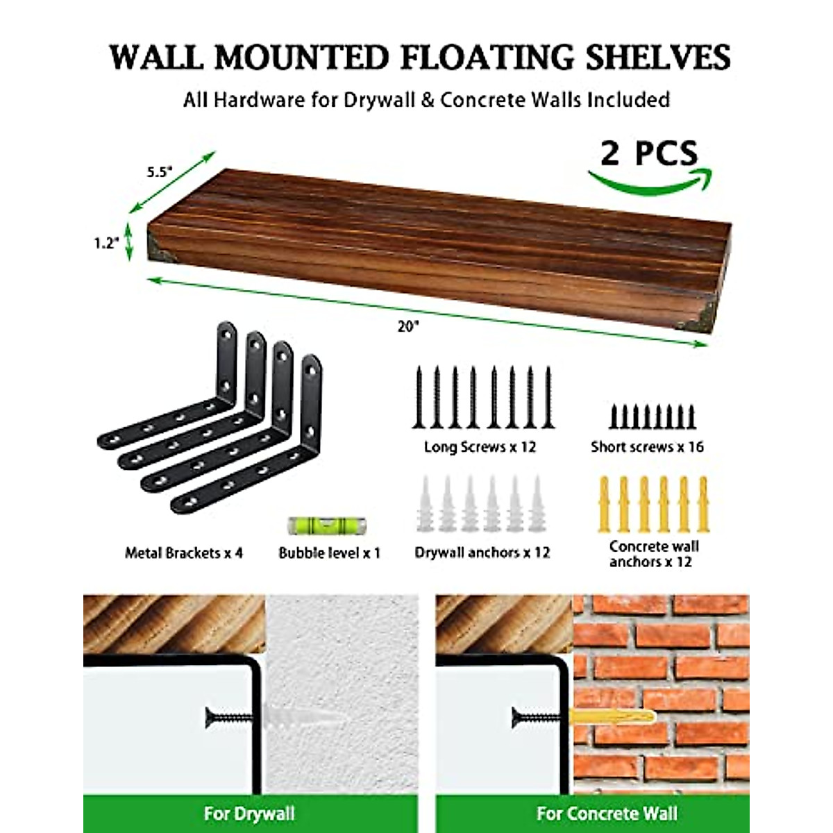 Ameegoo Set of 2 Solid Wood Floating Shelves Rustic Wall Mounted Floating Shelves for Storage Rack Organizer Wall Shelf Thick Wide Wooden Wall Shelves for Bedroom Bathroom Office (Flame-20 x 5.5'')