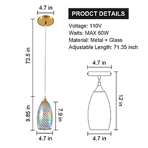 Eicrkodn Mini Glass Pendant Lights Kitchen Island, Handcrafted Blown Art Glass Ceiling Pendant Lighting with Brushed Gold Finish, Adjustable Cord Pendant Lights for Hallway,Dining Room, 1 Pack