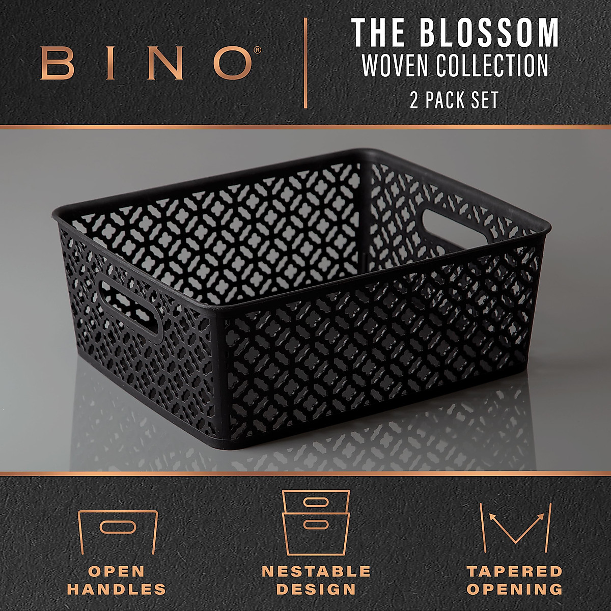 BINO l Plastic Storage Baskets, Large - Black | THE BLOSSOM COLLECTION l Multi-Use Organizer Bin l Built-in Handles l Plastic Woven Basket for Organizing l Pantry & Home Organizing Basket