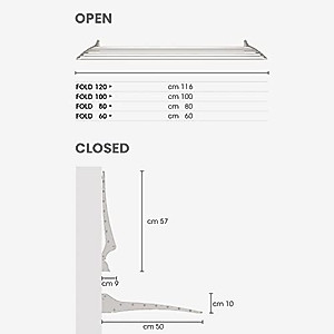 foxydry Fold, Wall-Mounted Clothes Drying Rack, Vertical Folding Indoor Outdoor Clothes line in Aluminium Steel (100 cm)