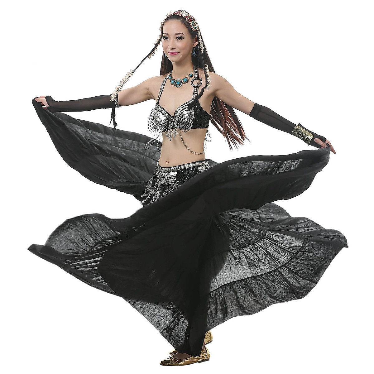 Astage Woman Belly Dance Full Circle Maxi Trible Skirts Linen Bohe Dress Black