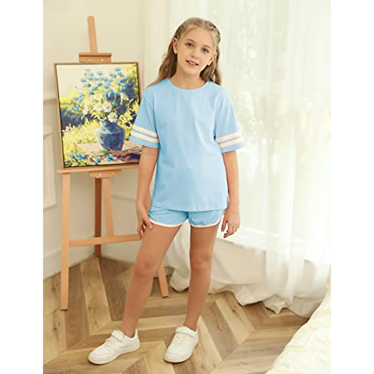 simtuor Girls Summer 2 Piece Outfit Crew Neck Striped Tops Elastic Waist Short Sets with Pockets Blue 6-18 Years