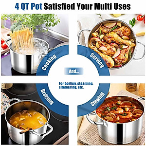 P&P CHEF 4qt Stainless Steel Stock Pot with Lid, Cooking Pasta Pot with Tri-Ply Base for Induction Gas Electric Stoves, Double Riveted Handles, Sturdy & Dishwasher Safe
