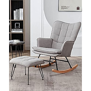 MELLCOM Rocking Chair with Ottoman, High Back Nursery Glider Rocker with Solid Wood Leg, Modern Upholstery Linen Fabric Armchair for Nursery, Living Room and Bedroom