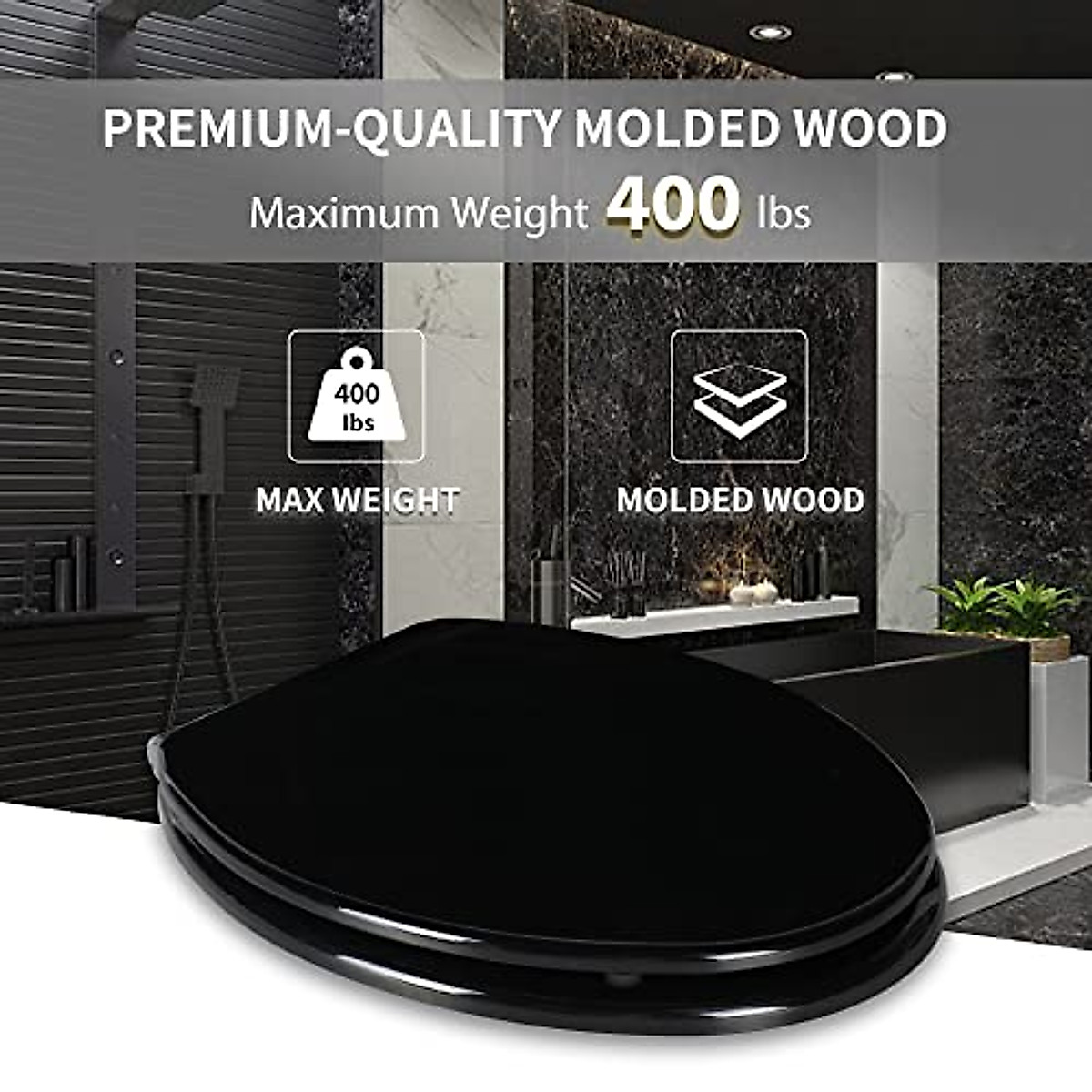 Angel Shield Toilet Seat with Zinc Alloy Hinges Quiet-Close Quick-Release Wood Molded UV Lid Easy Clean(Elongated,Black)