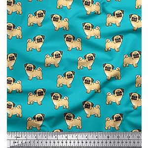 Soimoi Dressmaking Pug Dog Print 58 Inches Wide Decorative Cotton Cambric Fabric by The Yard - Aqua Blue