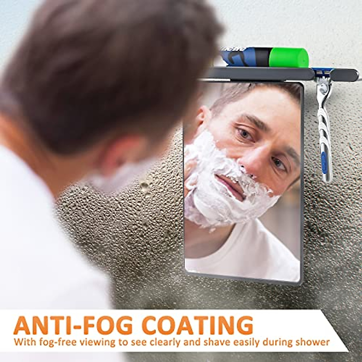 SWAMTIK Shower Mirror Fogless for Shaving with Razor Holder, Large Anti Fog Mirror Fogless Suction Wall Mounted NO-Drilling & Removable, Shatterproof & Waterproof - Men and Women (Grey)