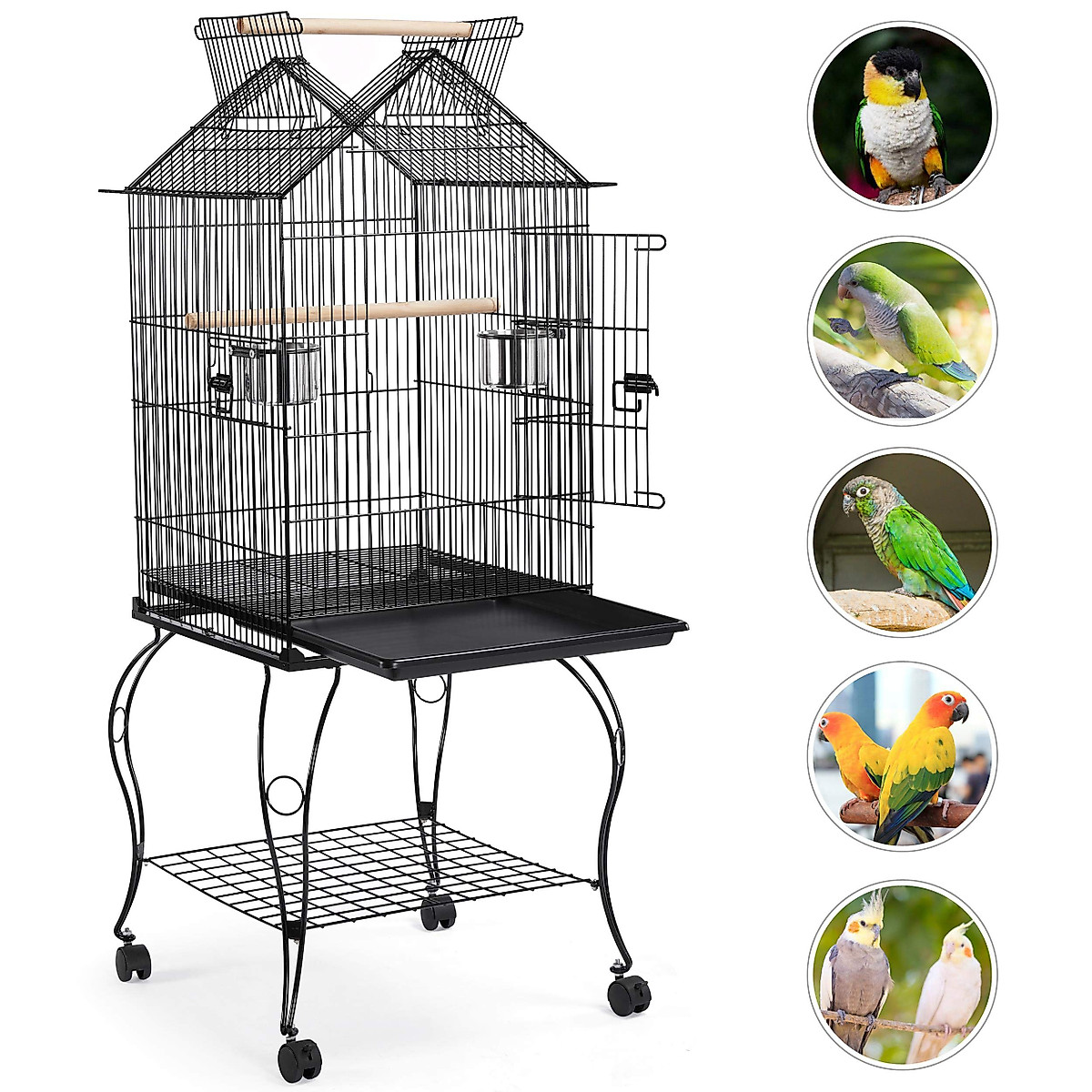 Yaheetech 57-Inch Rolling Open Top Roof Bird Cage for Mid-sized Parrots Cockatiels Caique Quaker Monk Indian Ring Neck Green Cheek Conure Middle bird Cage with Detachable Stand