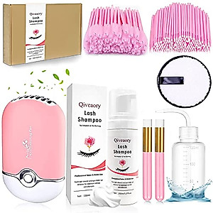 Qiveaory 150ml/5.07fl.oz Eyelash Extension Cleanser Extension Lash Shampoo Brush Mini USB Portable Lash Fan Mascara Brush Disposable Microbrush Wash Bottle Reusable Makeup Remover Pad Gentle Cleaning