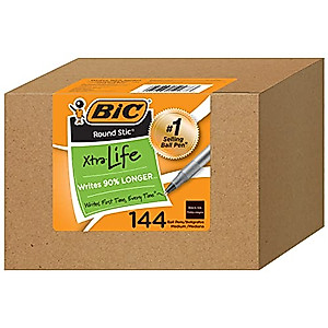 BIC Round Stic Xtra Life Ballpoint Ink Pens, Medium Point (1.0mm), Black Pens, Flexible Round Barrel For Writing Comfort, 144-Count