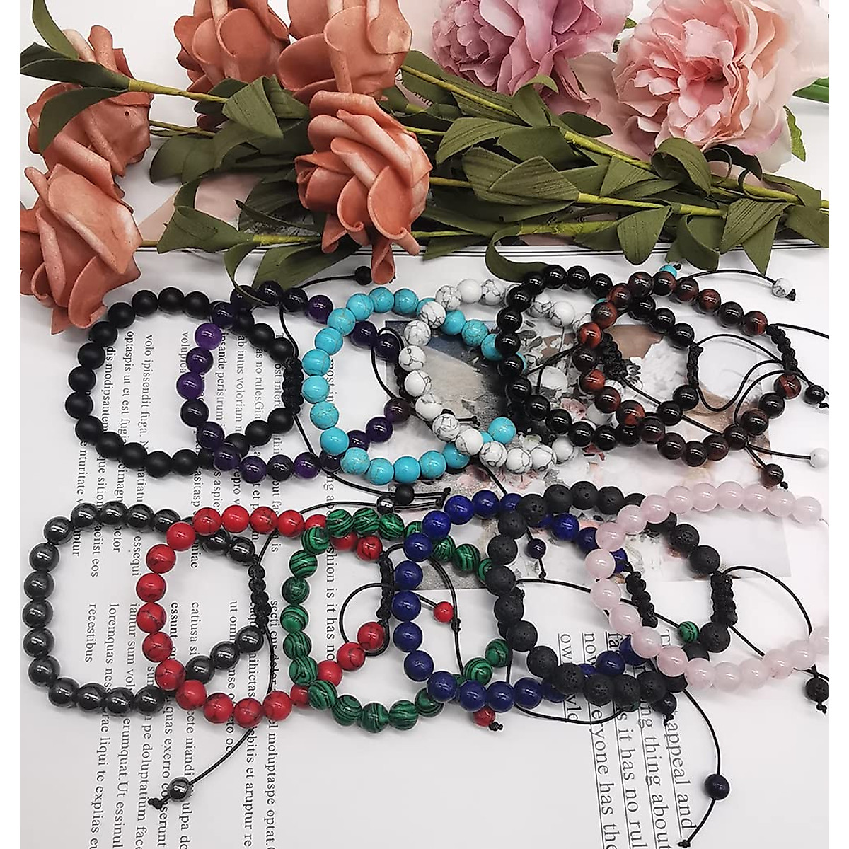 SAMOCO 12 Pcs 8mm Beads Natural Crystal Bracelet for Women Men Gemstone Beads Bracelet Unisex Adjustable Macrame Bracelets Set