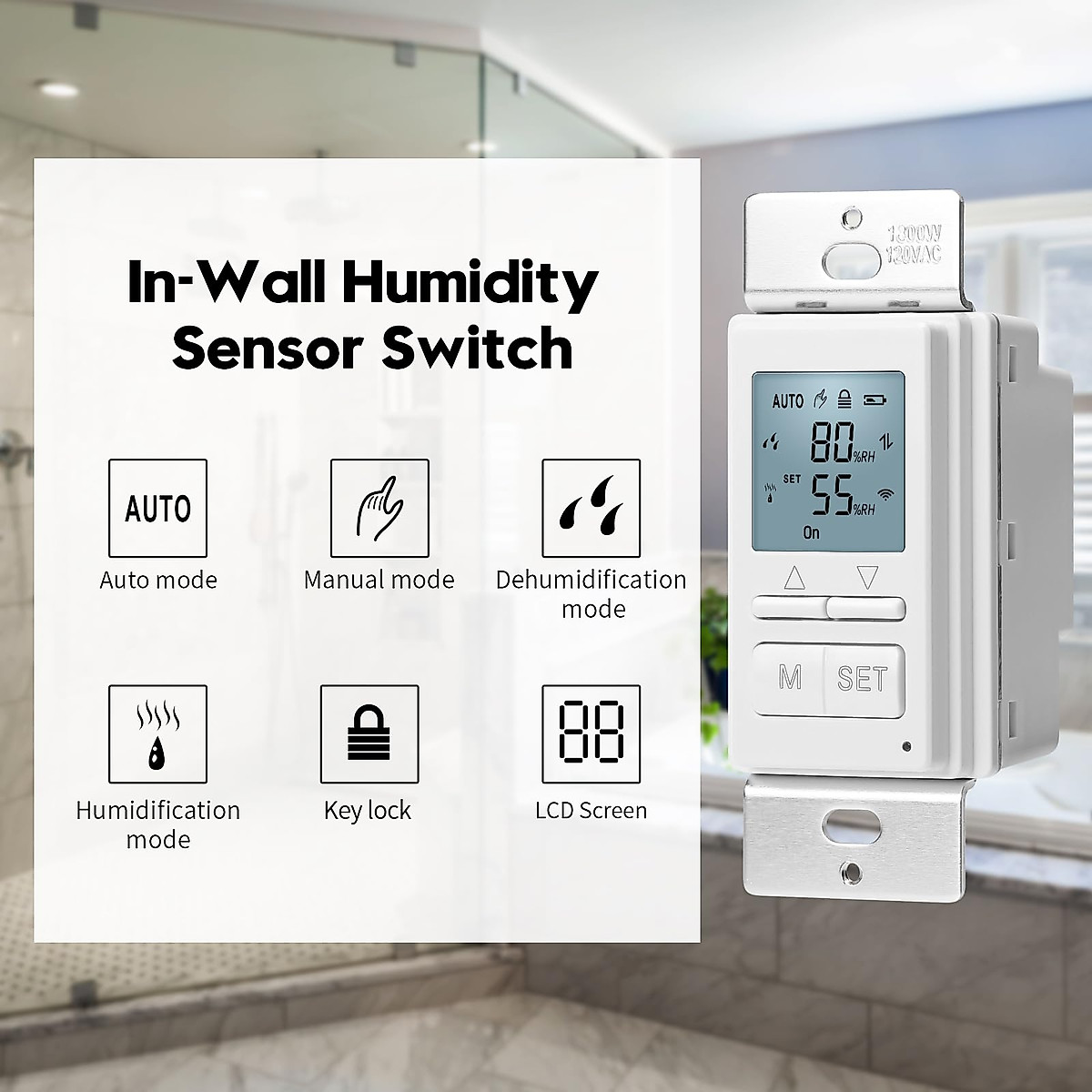 New 2024! Humidity Sensor Switch, Ortis in-Wall Bathroom Fan Automated Control Switch with Separate Sensor, Air Moisture Detection, Neutral Wire Required, Keep Your Room Dry, 328 ft Range, 110/220V