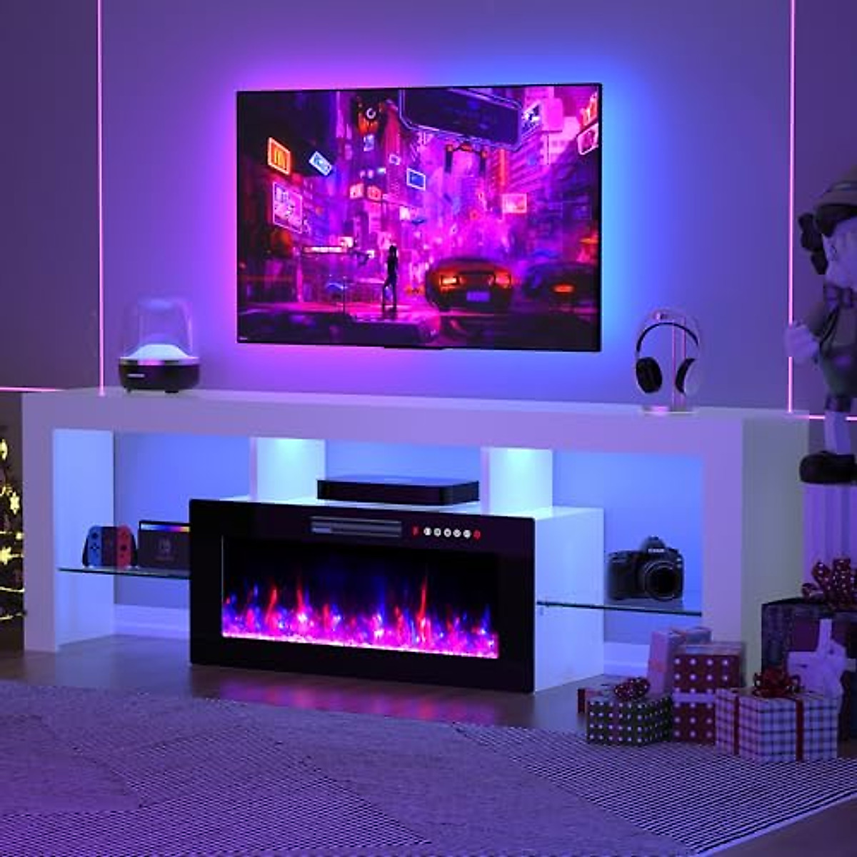 MU Modern 70" TV Fireplace Stand with 12-Color LED Lights & 12-Color Flame, High Gloss Floating Fireplace Entertainment Center with 36" Electric Fireplace (White, 70" TV Stand)