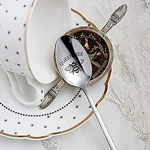 Queen Bee Funny Stainless Steel Engraved Spoon, Long Handle Coffee Tea Spoon Dessert Ice Cream Spoon for Coffee Lover, Ice Cream Lover, Women, Sister, Mom Gifts, Christmas Gift