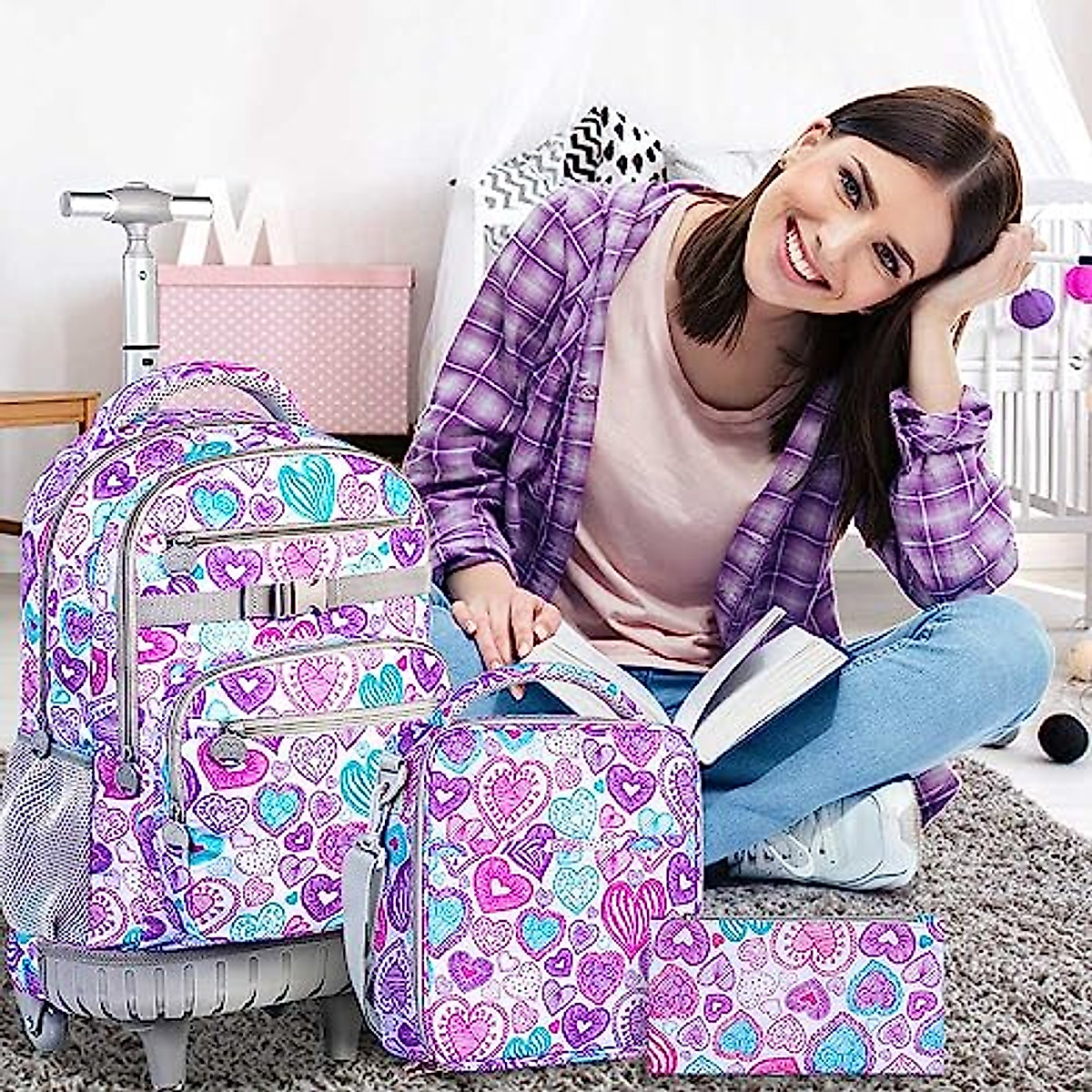 FTJCF 3pcs Rolling Backpack for Women, 21 Inche Adult Bag with Roller Wheels, Wheeled Bookbag Set for Girls - PinkGrey