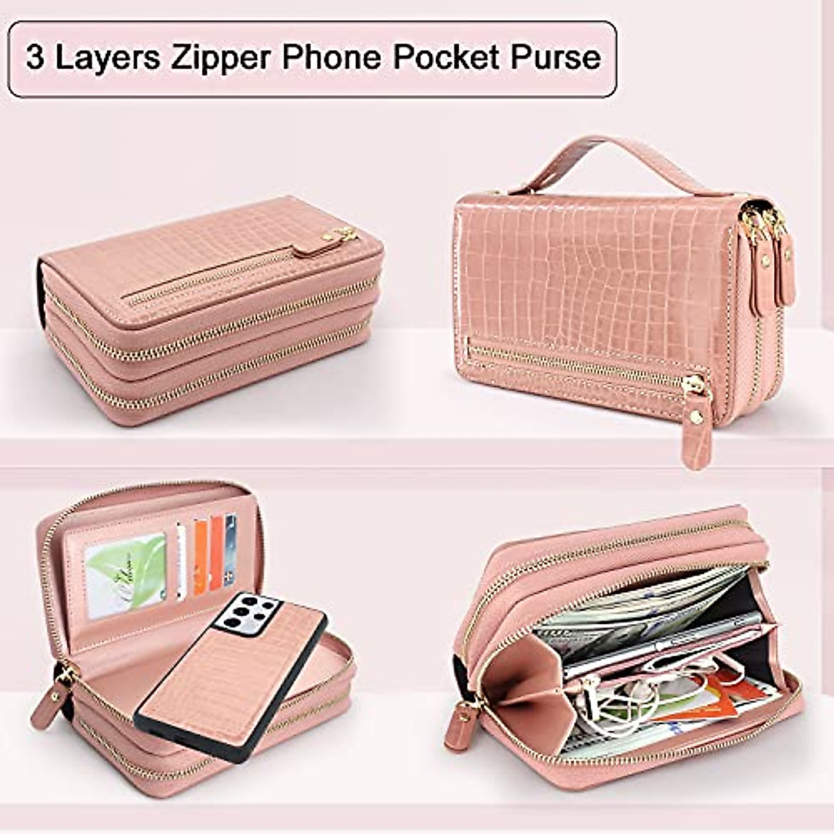 Harryshell Compatible with Samsung Galaxy S21 Ultra 5G (6.8") Case Wallet Multi Zipper Detachable Magnetic Cover Card Slots Holder Money Pocket Mirror Crossbody Strap (Crocodile Rose Gold)