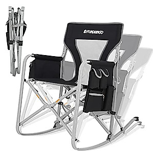 FUNDANGO Rocking Camping Chair for Adults, Oversized Portable Rocking Chair Outdoor Folding with Cooler and Side Pocket for Outside, Backyard, Patio, Lawn, Garden (Black/Grey)