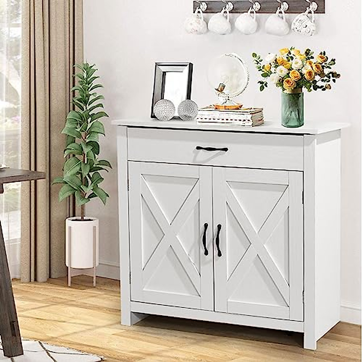AVAWING Kitchen Sideboard Buffet Cabinet, Modern Farmhouse Kitchen Storage Cabinet with Drawer and Adjustable Shelf, Coffee Bar Cabinet for Kitchen, Dining Room, Bathroom, Entryway, White