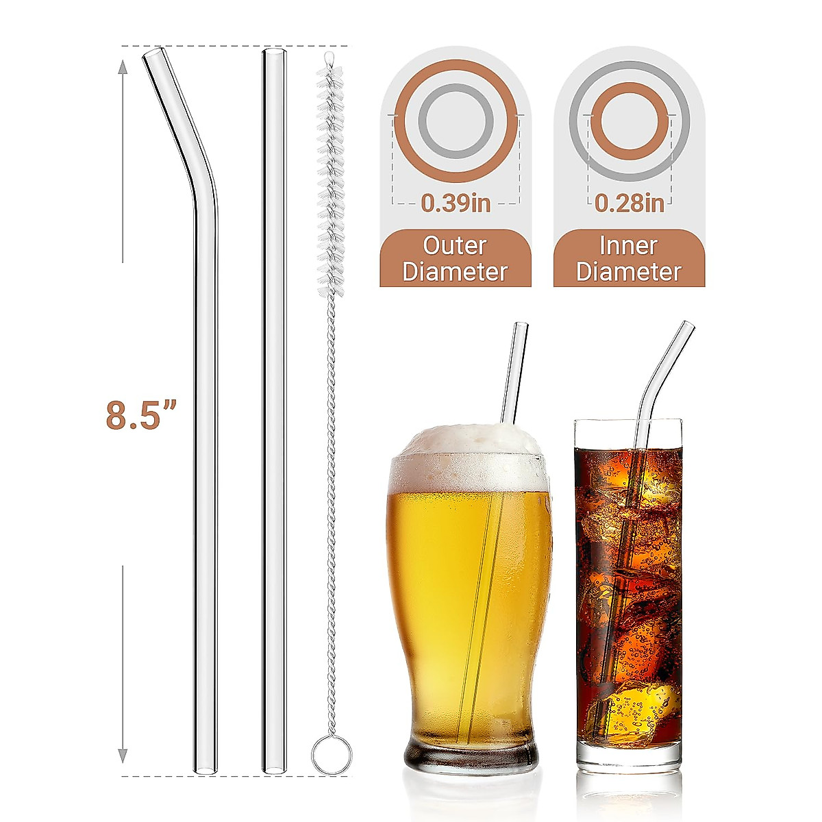 Foogwee® 20 Packs Reusable Glass Straws Set, 8.5'' x 10mm Clear Drinking Straws for Smoothies, Shakes, Coffee, Juice, Sodas, Milk, Tea, Cocktails, Set of 8 Straight and 8 Bent with 4 Cleaning Brushes