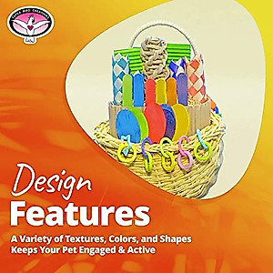 Super Bird Creations SB669 Wicker Foraging Basket Bird Toy with Array of Chewable Toys for Parrots, Medium Size, 10” x 4” x 5”, Varies, 1 Count (Pack of 1)