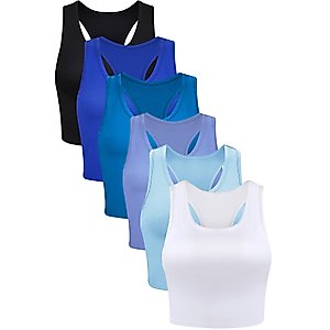 6 Pieces Basic Sleeveless Racerback Sports Crop Tank Tops for Women Girls Daily Wearing (Black, Royal, Peacock, Blue, White, Serenity, XXL)