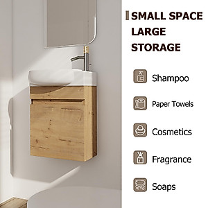 16 inch Floating Bathroom Vanity with Round Single Ceramic Sink, Wall Mounted Bathroom Cabinet with Soft Closing Door Bathroom Vanity and Sink Combo, for Small Space