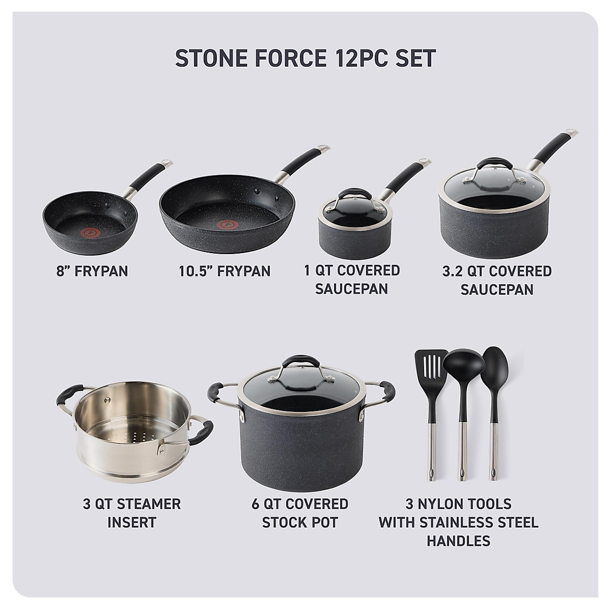 T-Fal Stone Force Platinum Non Stick Fry Pan Set 2 Piece, 8 inch and 10.5 inch, Oven Broiler Safe 400°F, Cooking Frying Pans, Kitchen Skillets, Pots and Pans Set Nonstick, Dishwasher Safe, Black