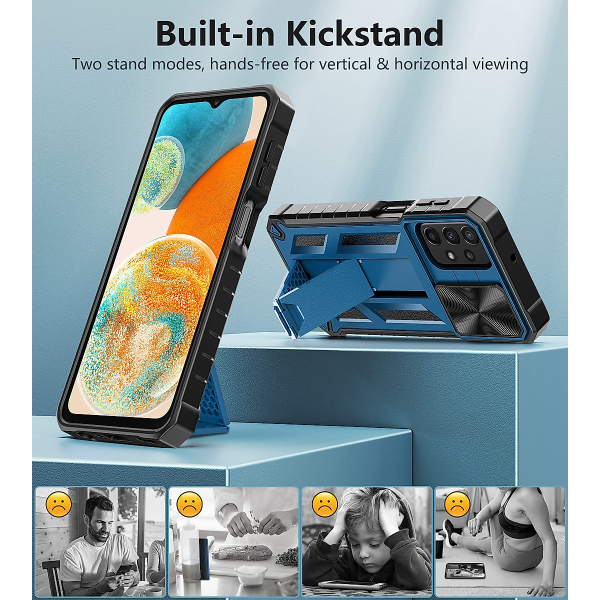 FNTCASE for Samsung Galaxy A23 Protective Case: Military Drop Protection Rugged Sturdy Cellphone Cover with Kickstand & Slide | Shockproof Heavy-Duty Tough Bumper for Samsung A23 5G/4G Phone - Blue